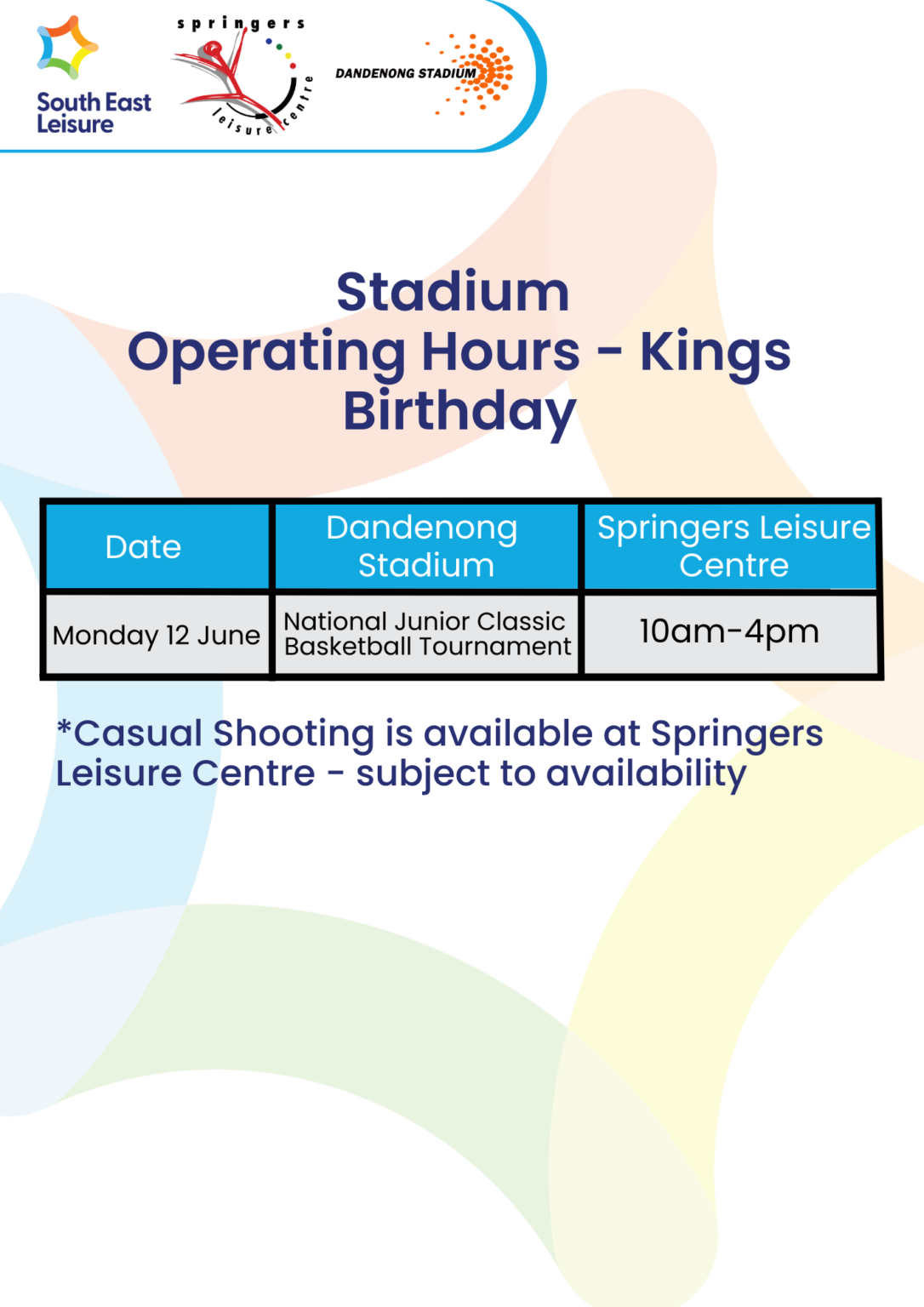Stadium Operating Hours - Kings Birthday Public Holiday - Springers ...