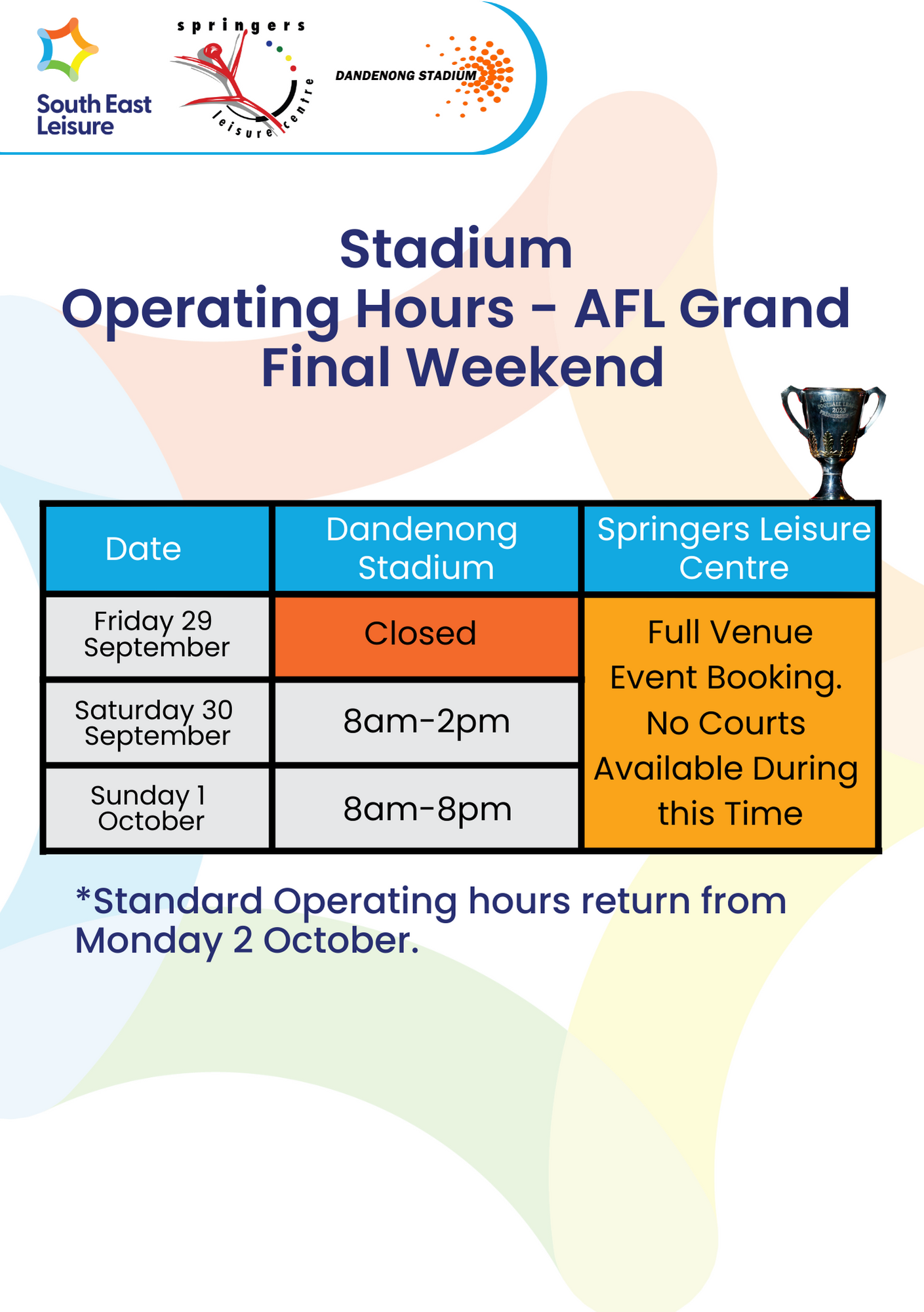 Stadium Operating Hours - AFL Grand Final Weekend - Springers Leisure ...